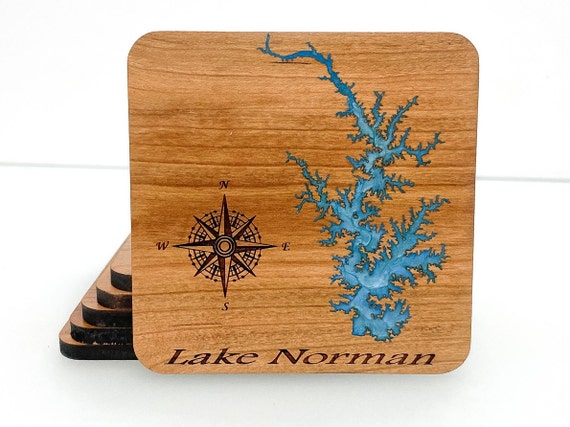 Custom Lake Map Wood Epoxy Coasters ANY LAKE Sets of 4 6 - Etsy