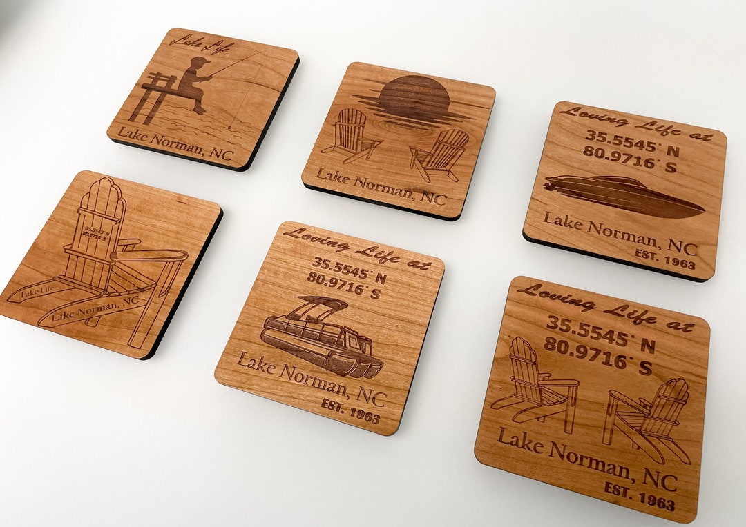 Custom Lake Wood Coasters - ANY LAKE! Sets of 4, 6, 8, 12 - Lake House ...