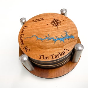 Custom Epoxy Lake Map Wood Circle Coasters - ANY LAKE! Sets of 4, 6, 8 ...
