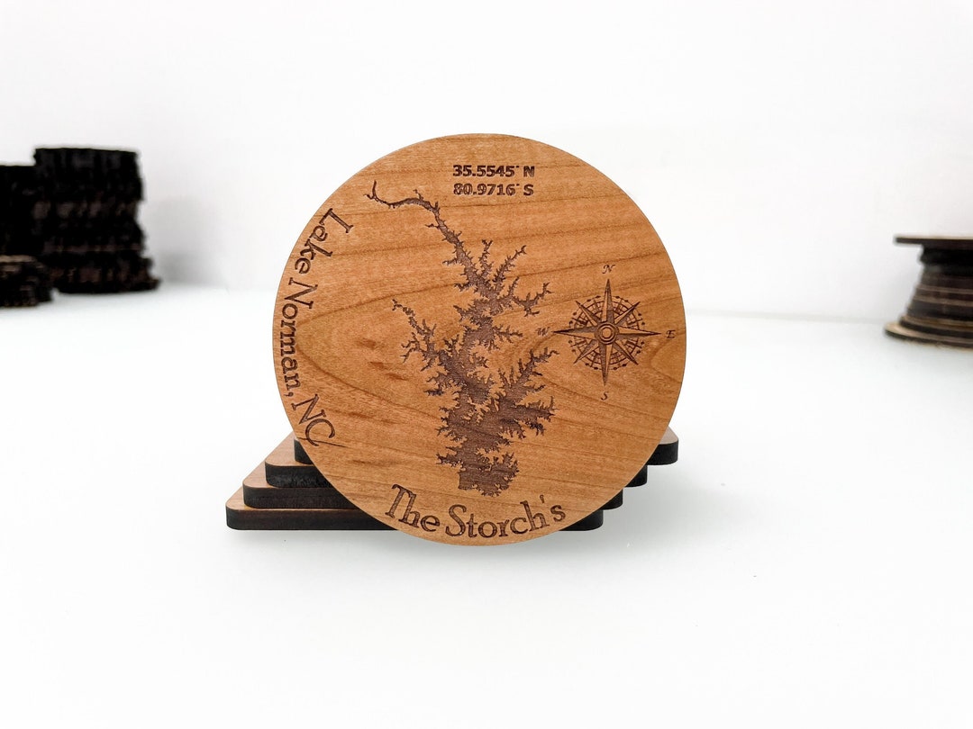 Custom Lake Map Wood Circle Coasters - ANY LAKE! Sets of 4, 6, 8, 12 ...