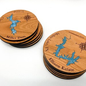 Custom Epoxy Lake Map Wood Circle Coasters - ANY LAKE! Sets of 4, 6, 8 ...