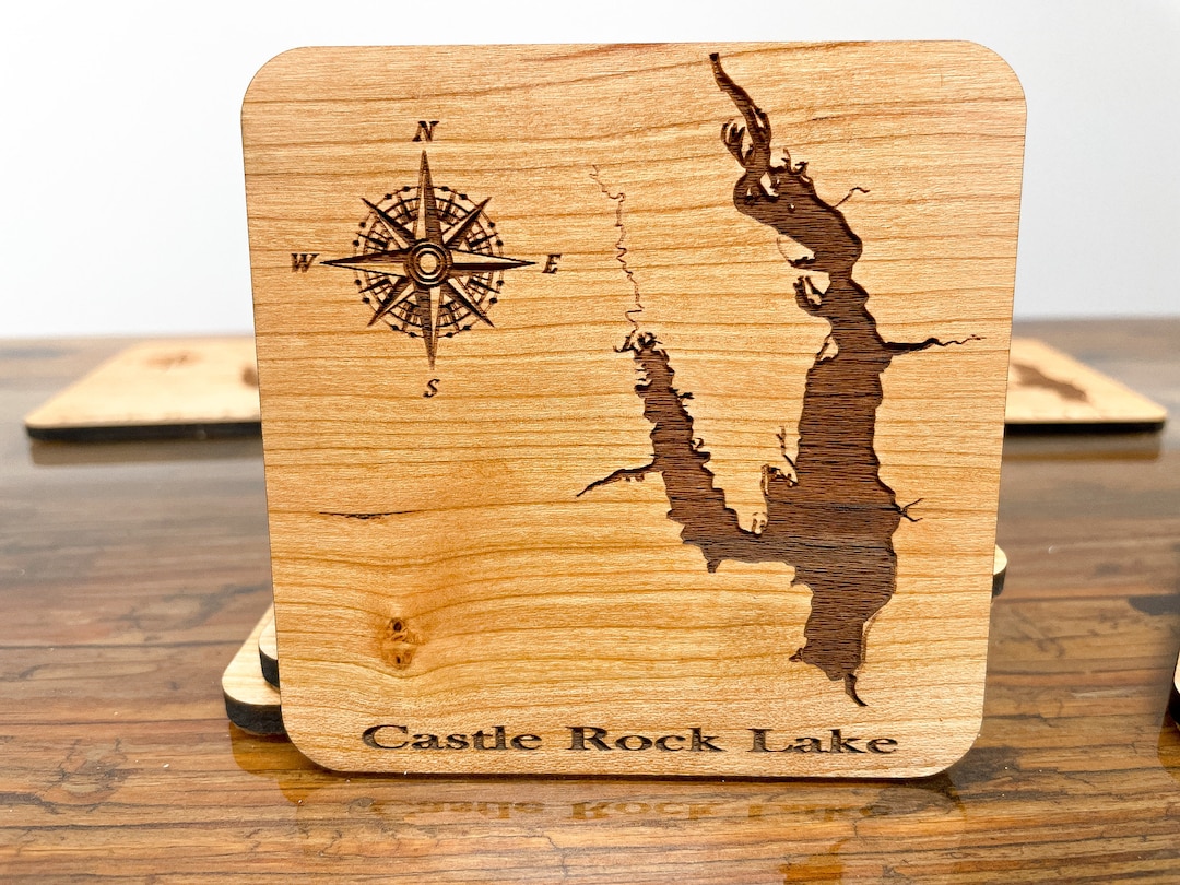 Custom Lake Map Wood Square Coasters - ANY LAKE! Sets of 4, 6, 8, 12 ...