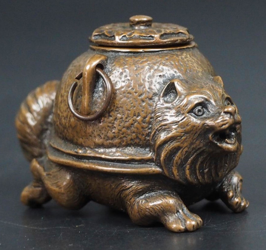 Charming Japanese Miniature Bronze Tanuki bunbuku Chagama or Badger Tea ...