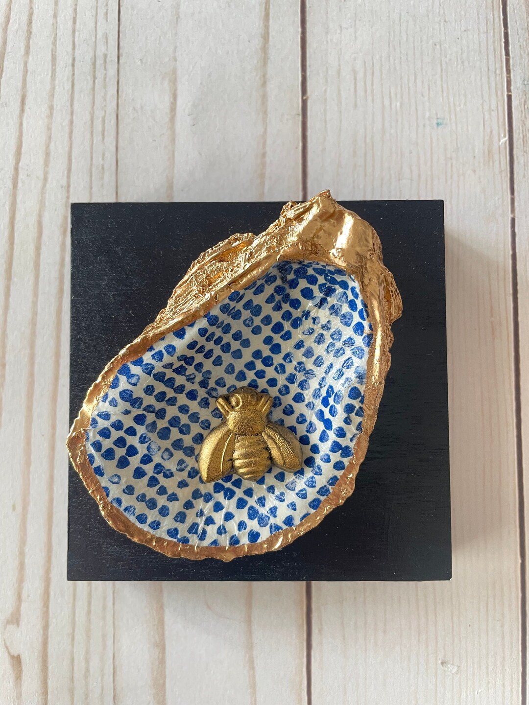 Decoupage Oyster Shell Art: Gold Bee on Navy Frame (4x4) - Etsy