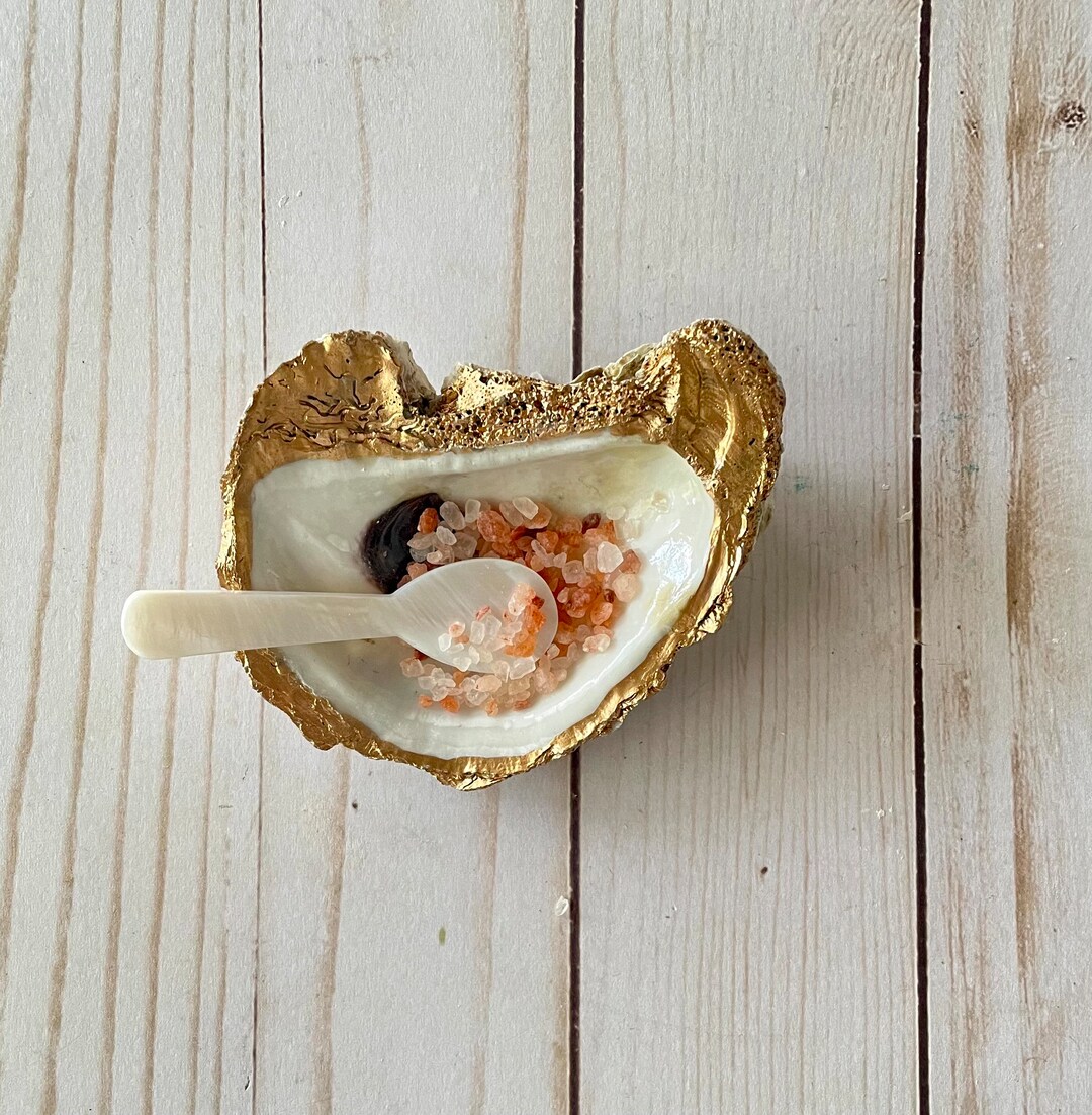 Gilded Oyster Shell Salt Cellar: Mother-of-pearl Spoon, Coastal Decor ...