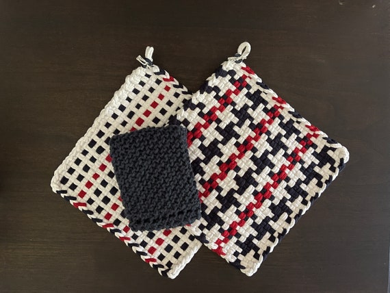 100% Cotton Hand Loom Woven Large Potholders and Knitted Dish - Etsy