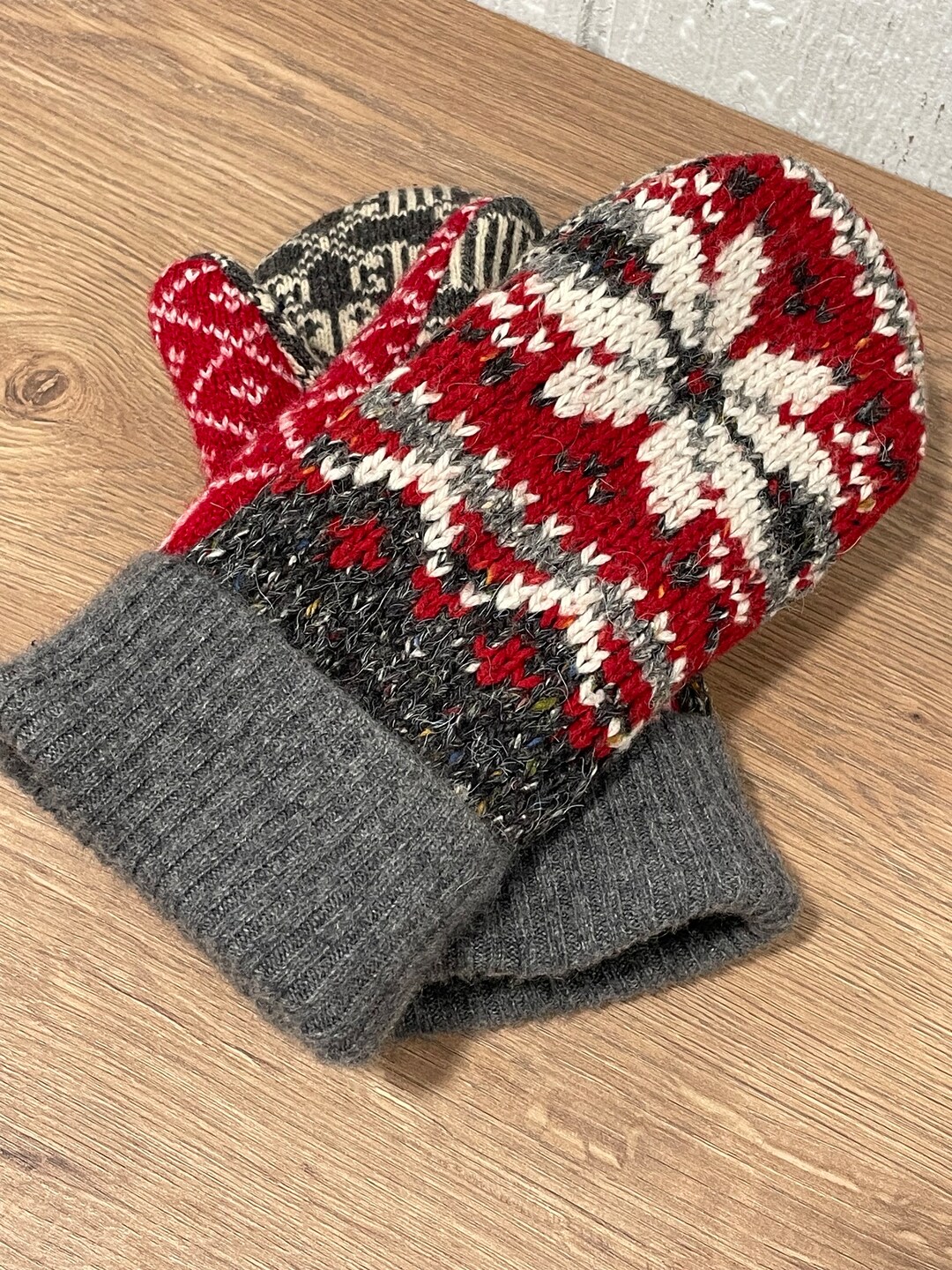 Gray and Red Nordic Print Warm Wool Blend Upcycled Sweater Mittens ...