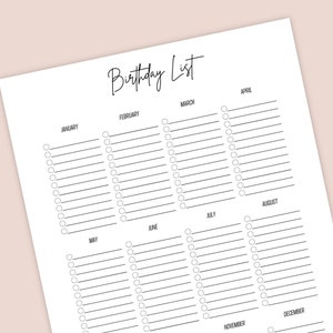 Birthday List Printable, Birthday Tracker, Birthday List Template ...