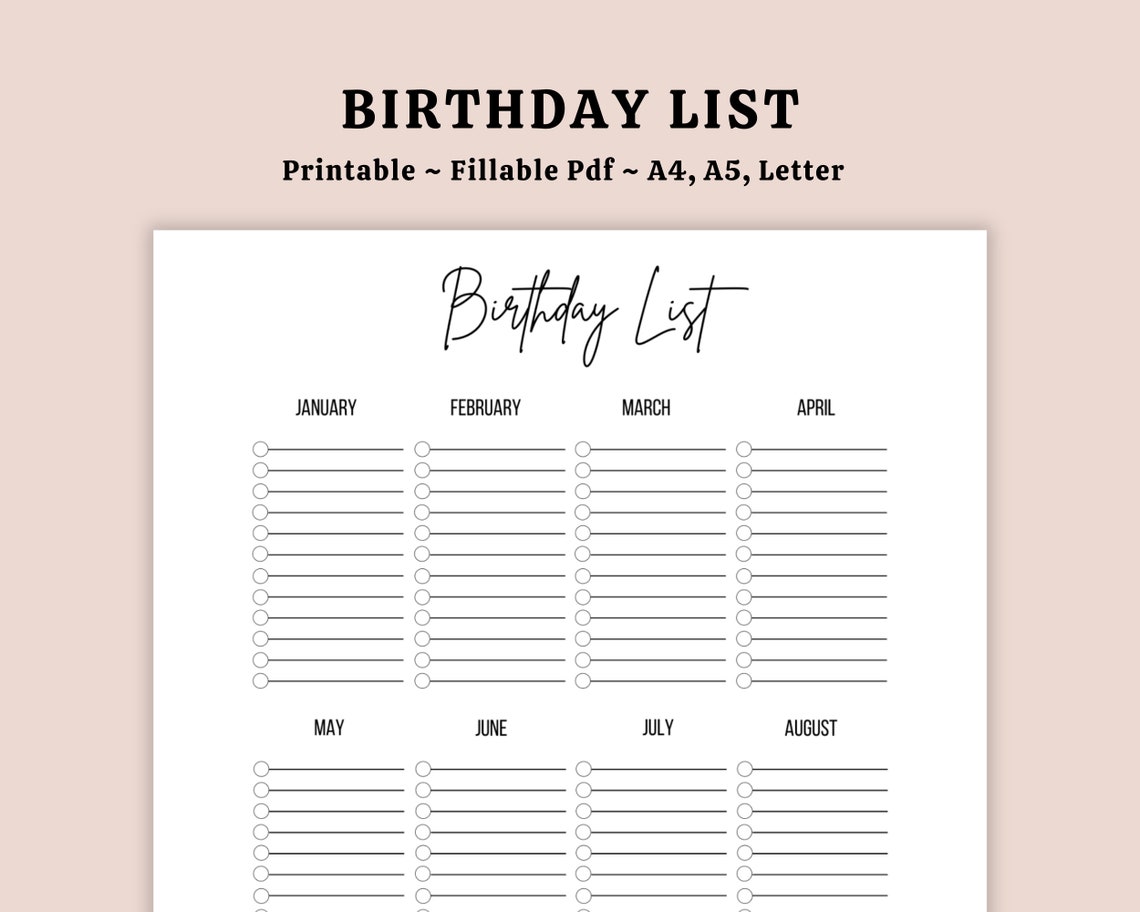 Birthday List Printable, Birthday Tracker, Birthday List Template ...