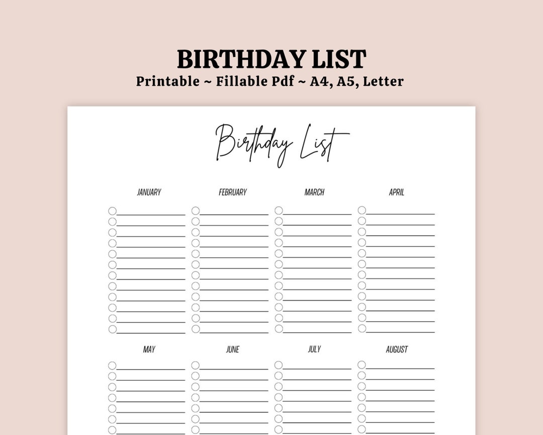 Birthday List Printable, Birthday Tracker, Birthday List Template ...