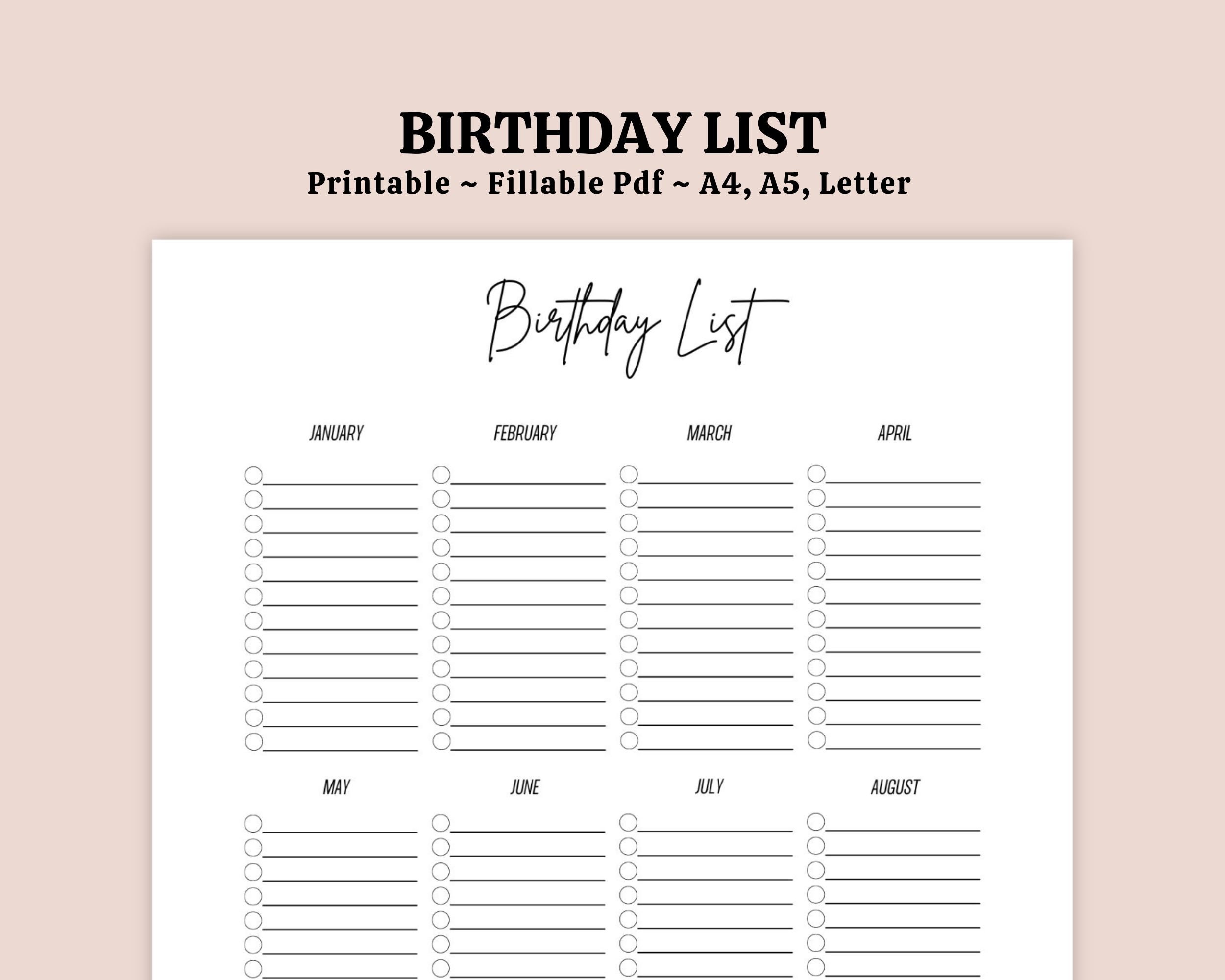 Birthday List Printable, Birthday Tracker, Birthday List Template ...