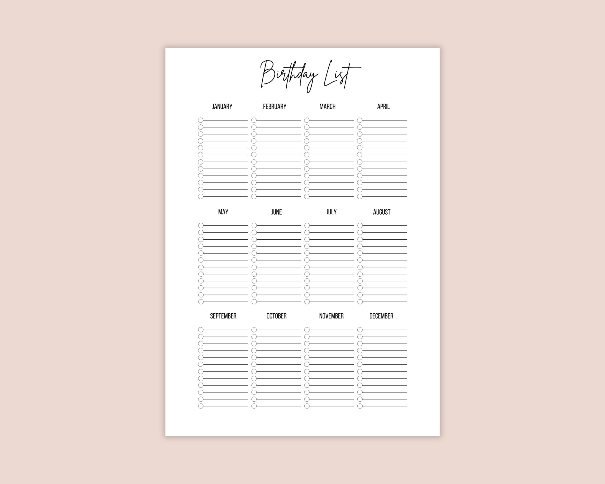 Birthday List Printable, Birthday Tracker, Birthday List Template ...