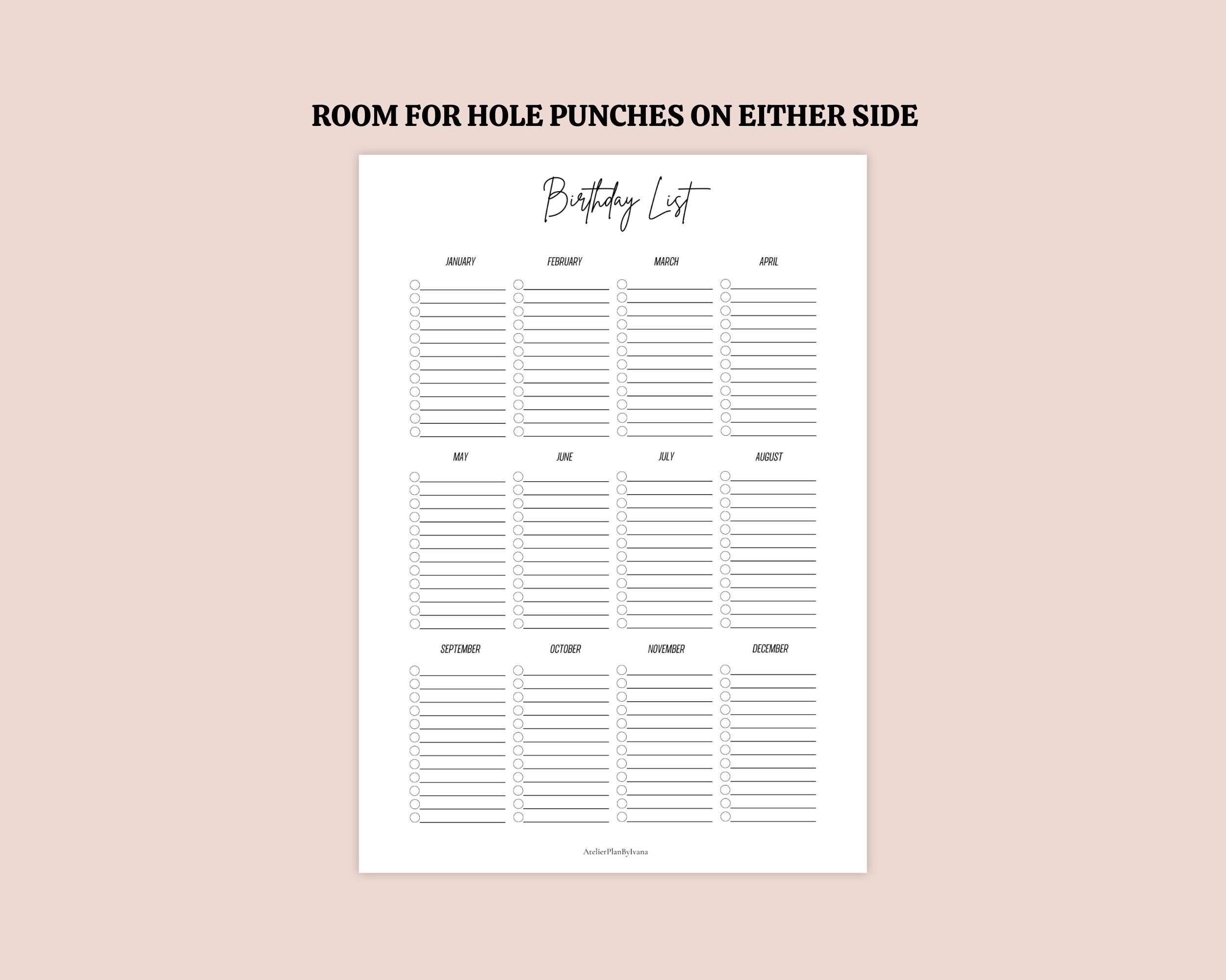 Birthday List Printable, Birthday Tracker, Birthday List Template ...