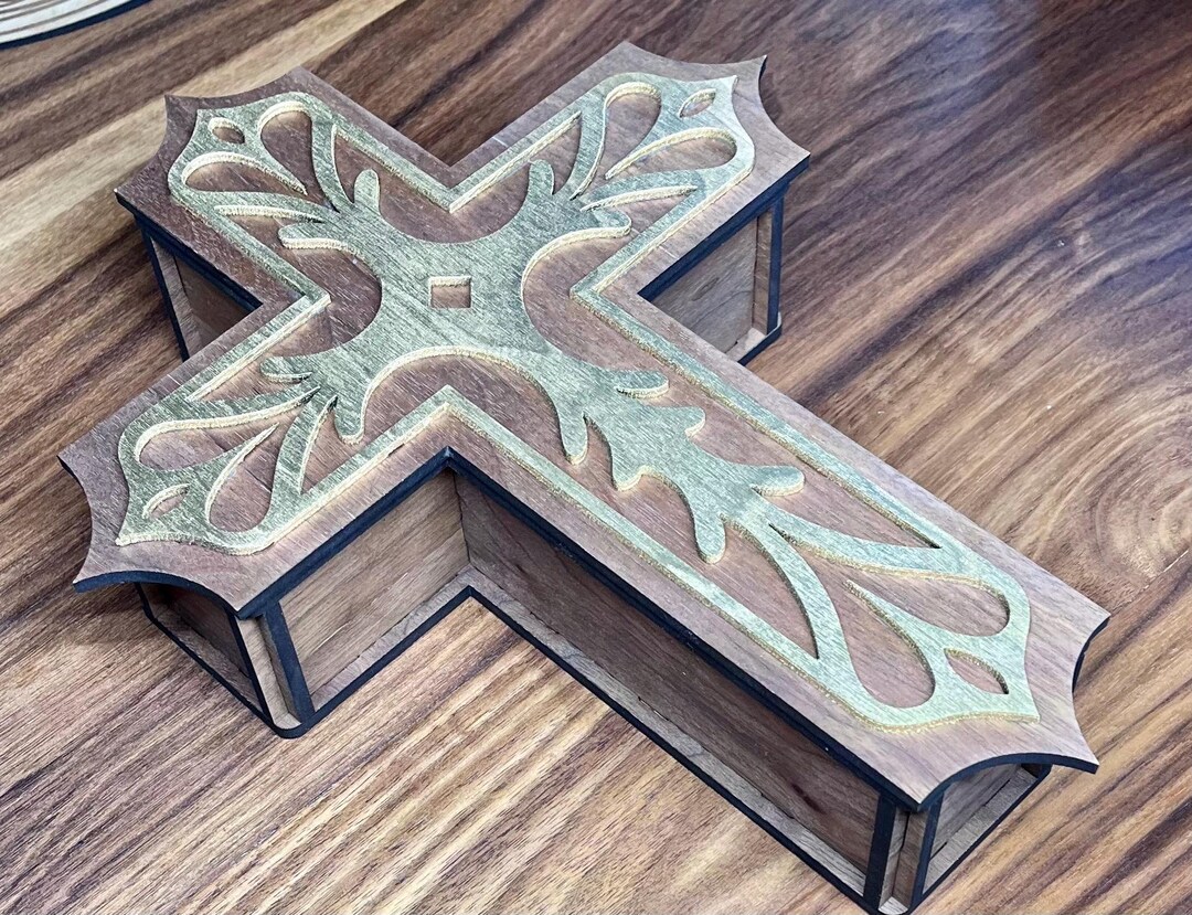 Walnut Wood Cross-shaped Decorative Storage Box With Gold Accents ...