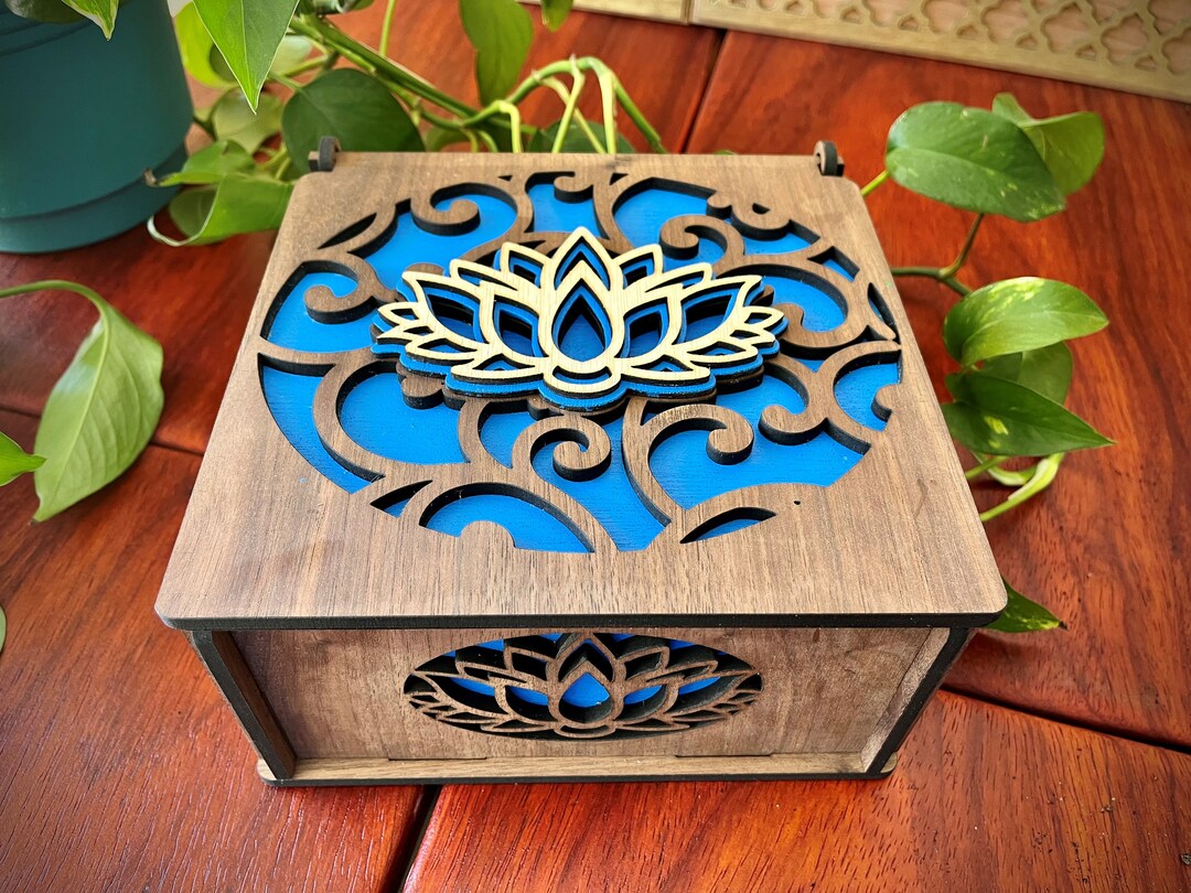 Walnut Lotus Flower Keepsake Box W/colored Inserts - Etsy
