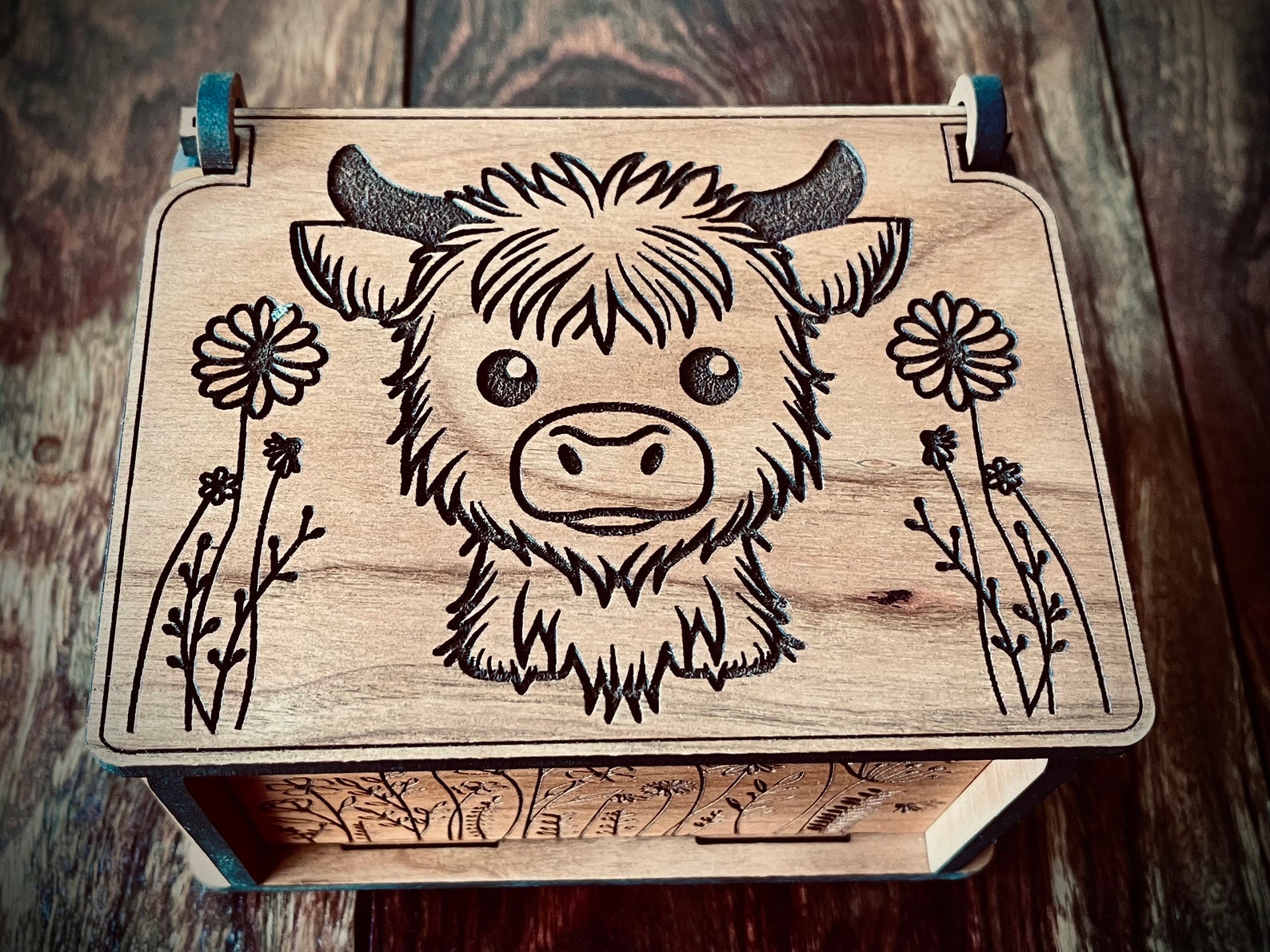 Floral Highland Cow Wood Jewelry Box: Rustic Trinket Storage - Etsy