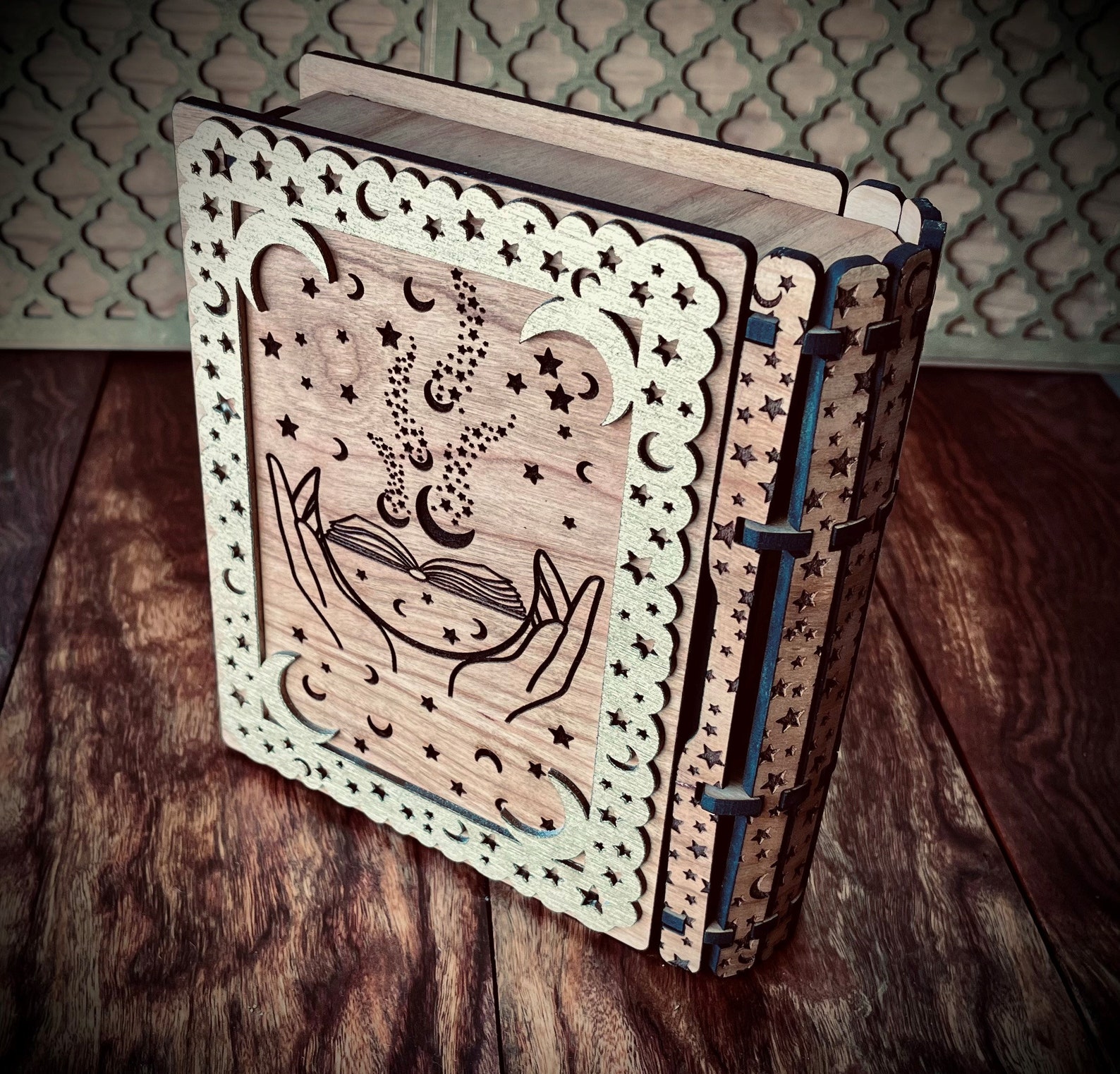 Handcrafted Celestial Decorated Book Shape Box - Dual Image Display ...