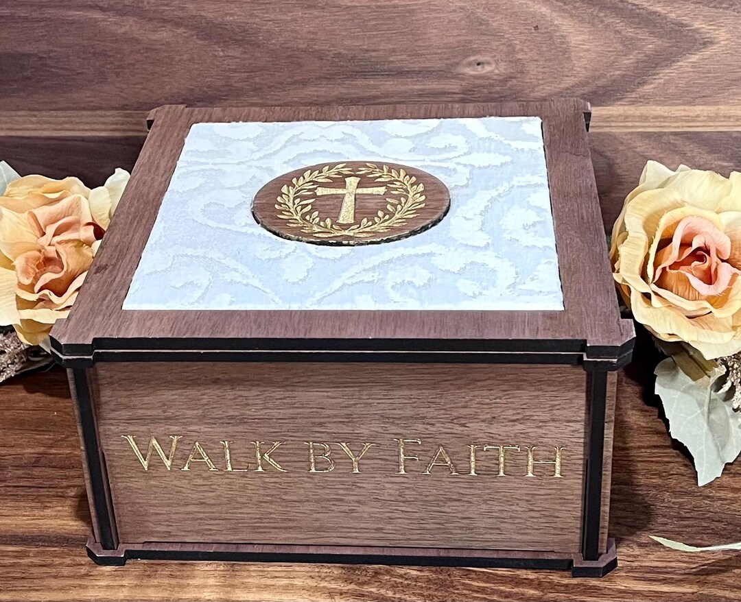 Engraved Cross Keepsake Box: “walk in Faith” Quote, White Upholstered ...