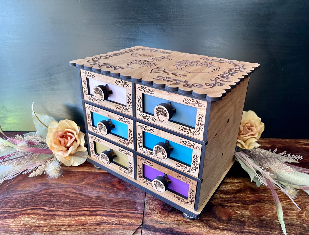 Handcrafted Cherry Wood Tea Bag Storage Box With Floral Engravings 6 ...