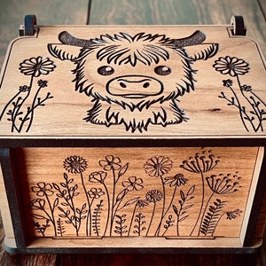 Floral Highland Cow Wood Jewelry Box: Rustic Trinket Storage - Etsy