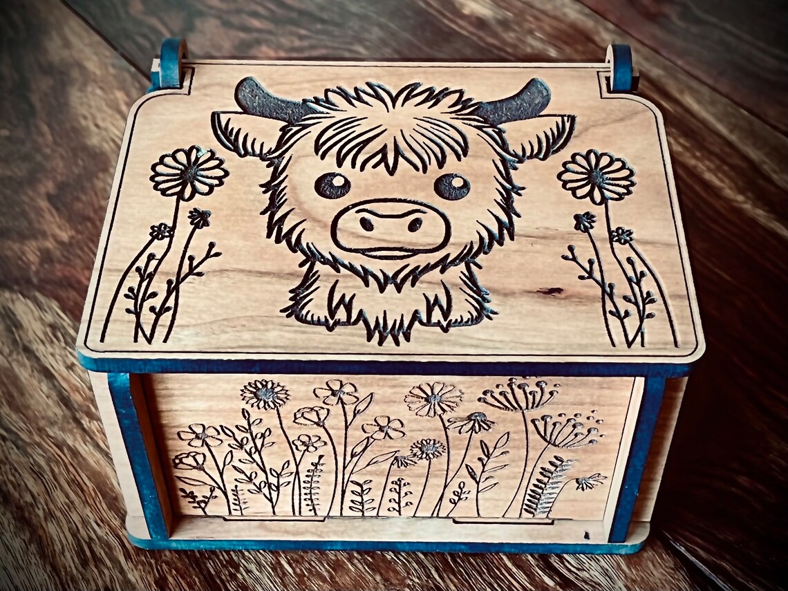 Floral Highland Cow Wood Jewelry Box: Rustic Trinket Storage - Etsy