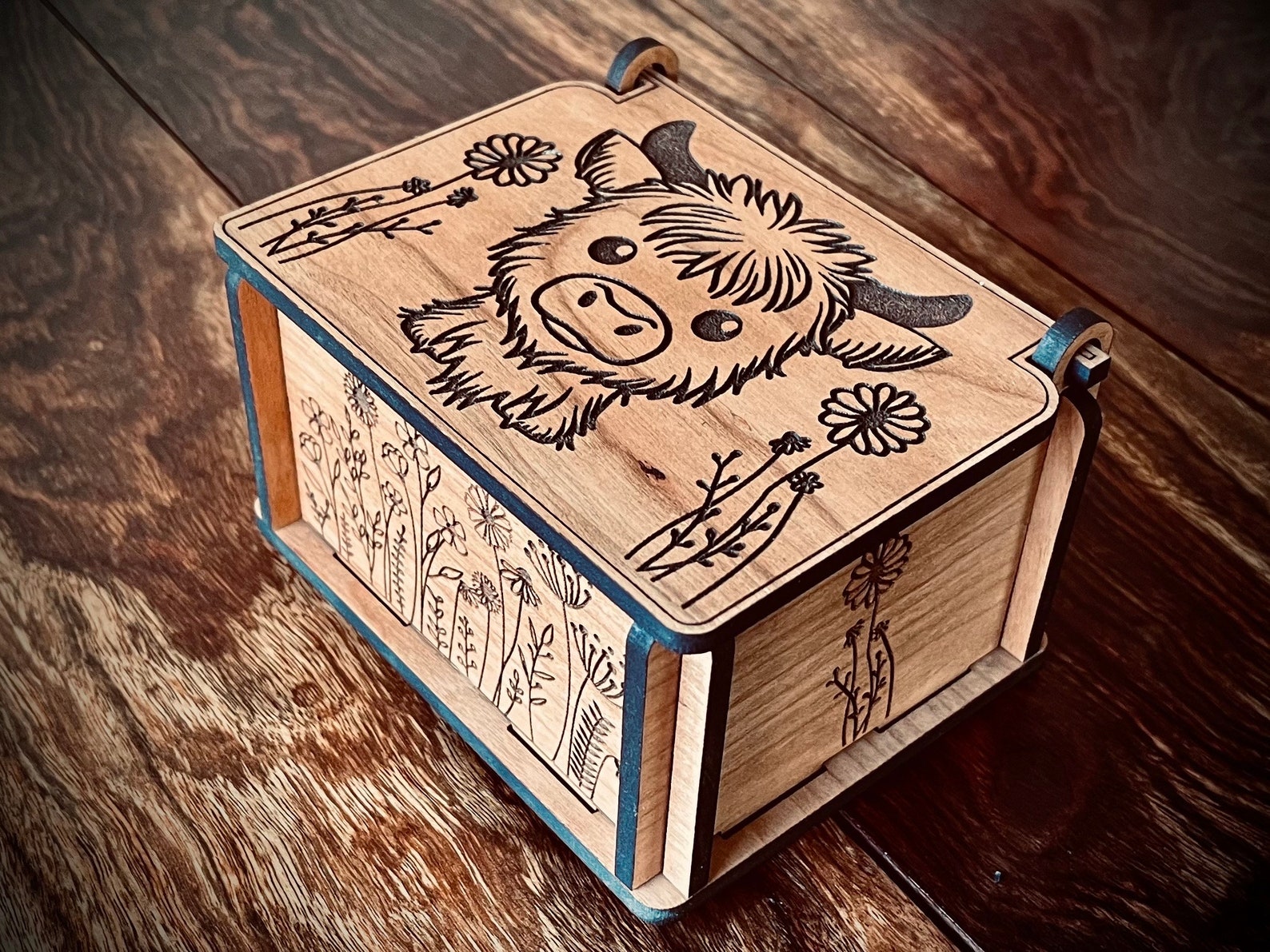 Floral Highland Cow Wood Jewelry Box: Rustic Trinket Storage - Etsy