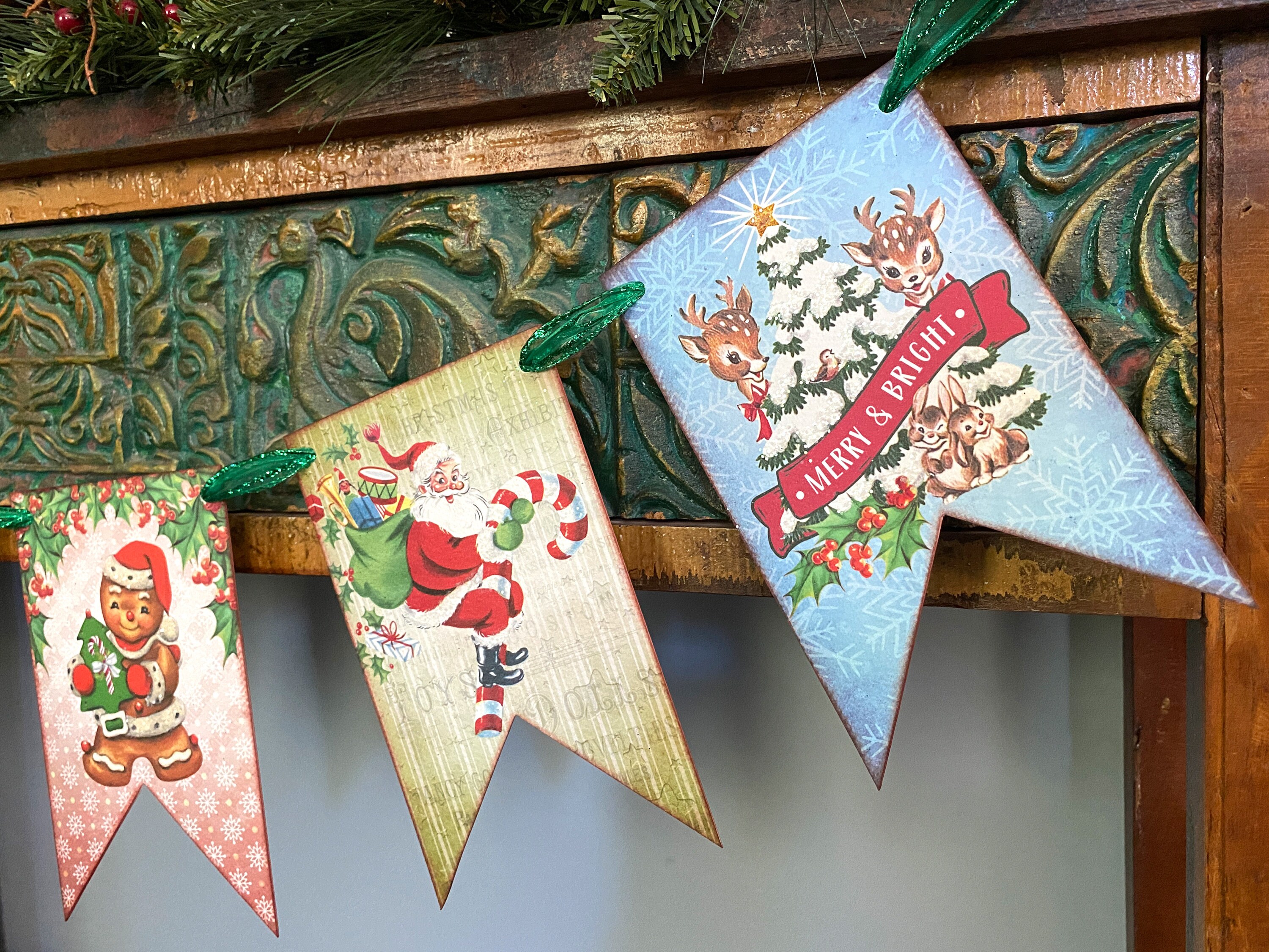 Vintage Christmas Banner, Retro Style Christmas Banner Mantel Decor ...