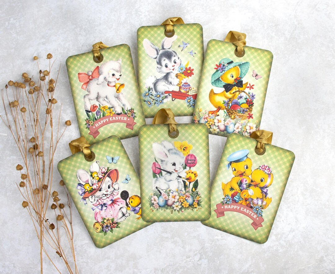 Easter Gift Tags Retro, Easter Basket Tags, Spring Hang Tags, Junk ...