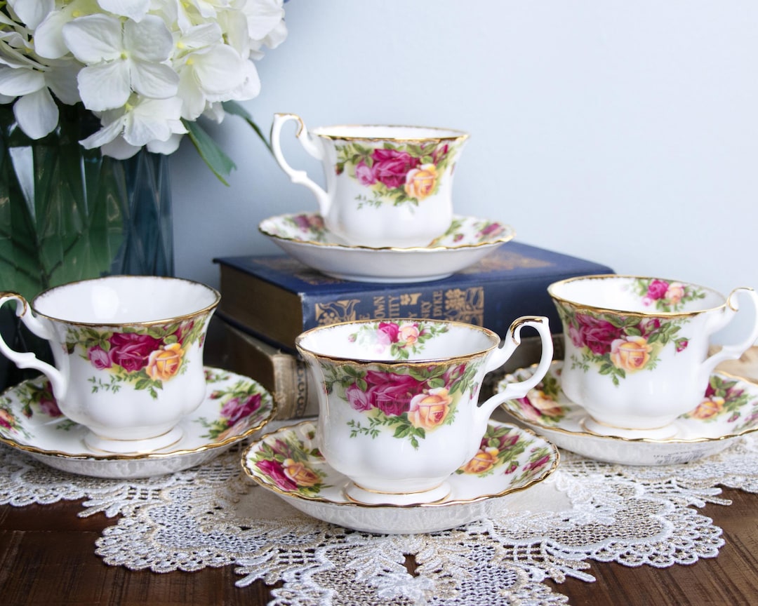 Floral Tea Cup and Saucer Set of 4 Teacups Vintage Shabby Chic Home ...