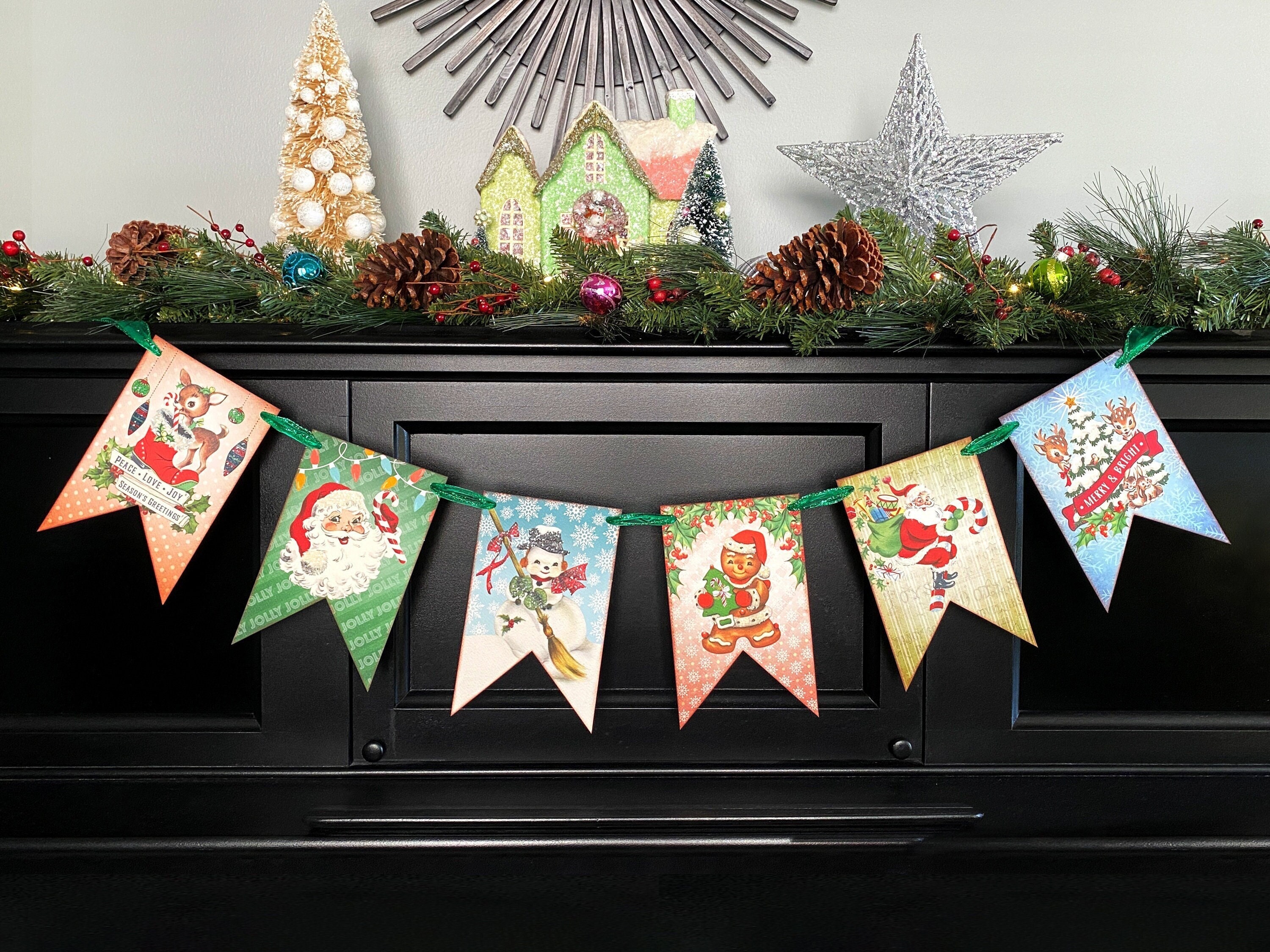 Vintage Christmas Banner, Retro Style Christmas Banner Mantel Decor ...