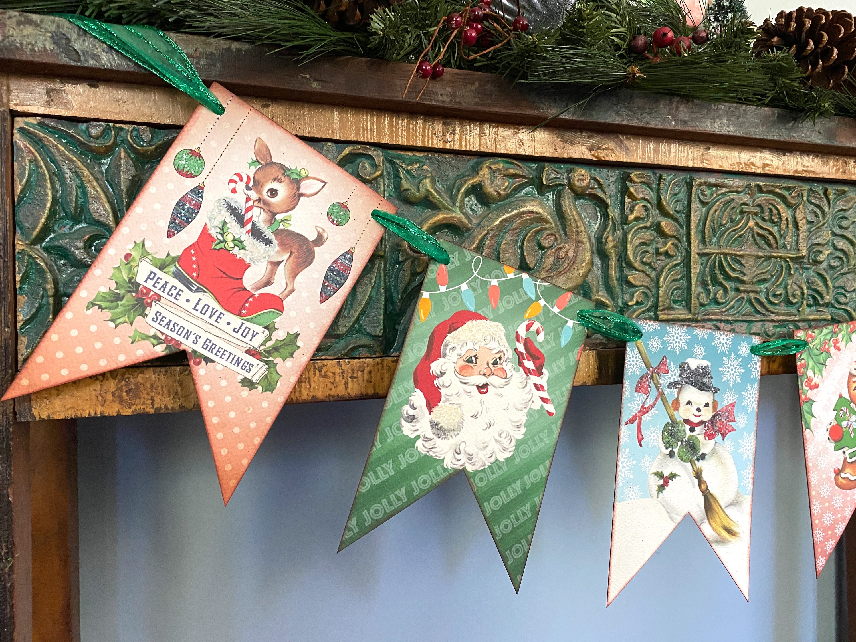 Vintage Christmas Banner, Retro Style Christmas Banner Mantel Decor ...