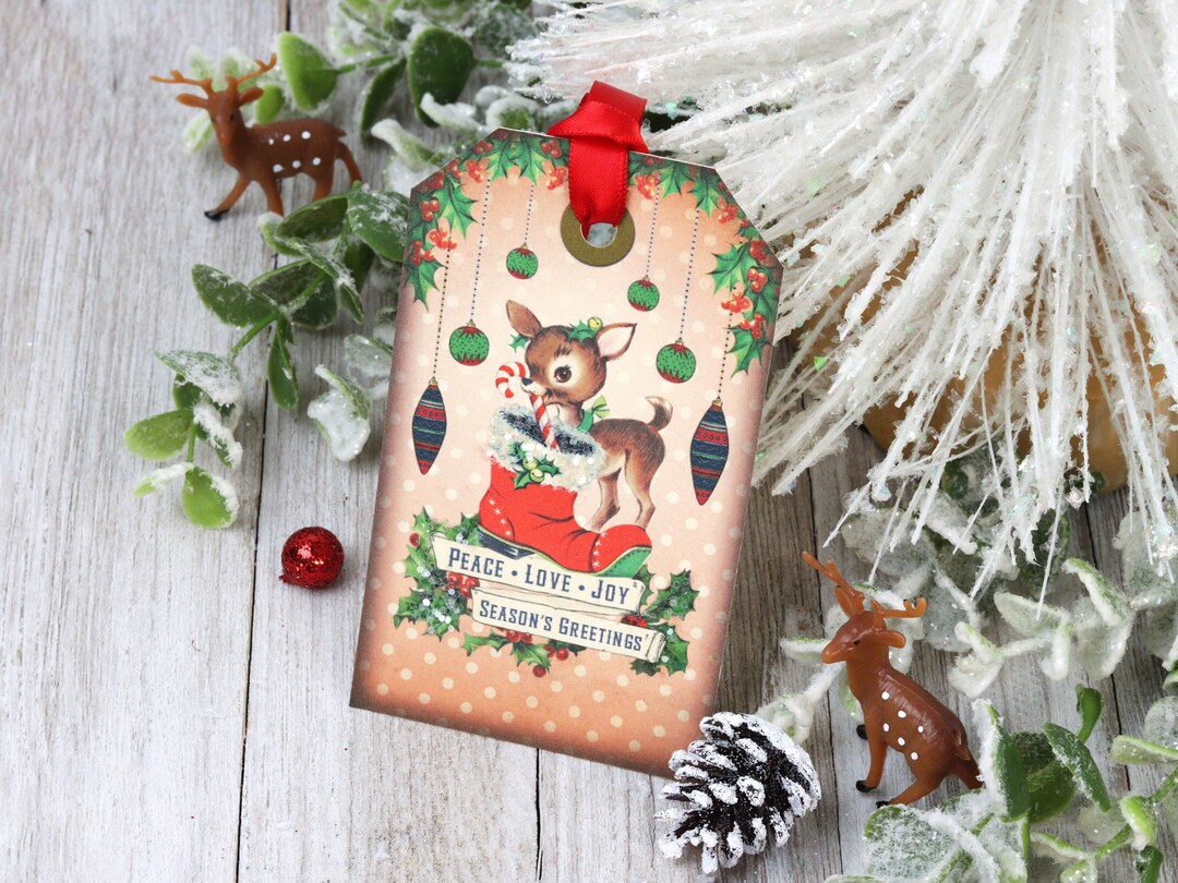 Vintage Retro Style Christmas Gift Tags, Kitschy Reindeer Christmas ...