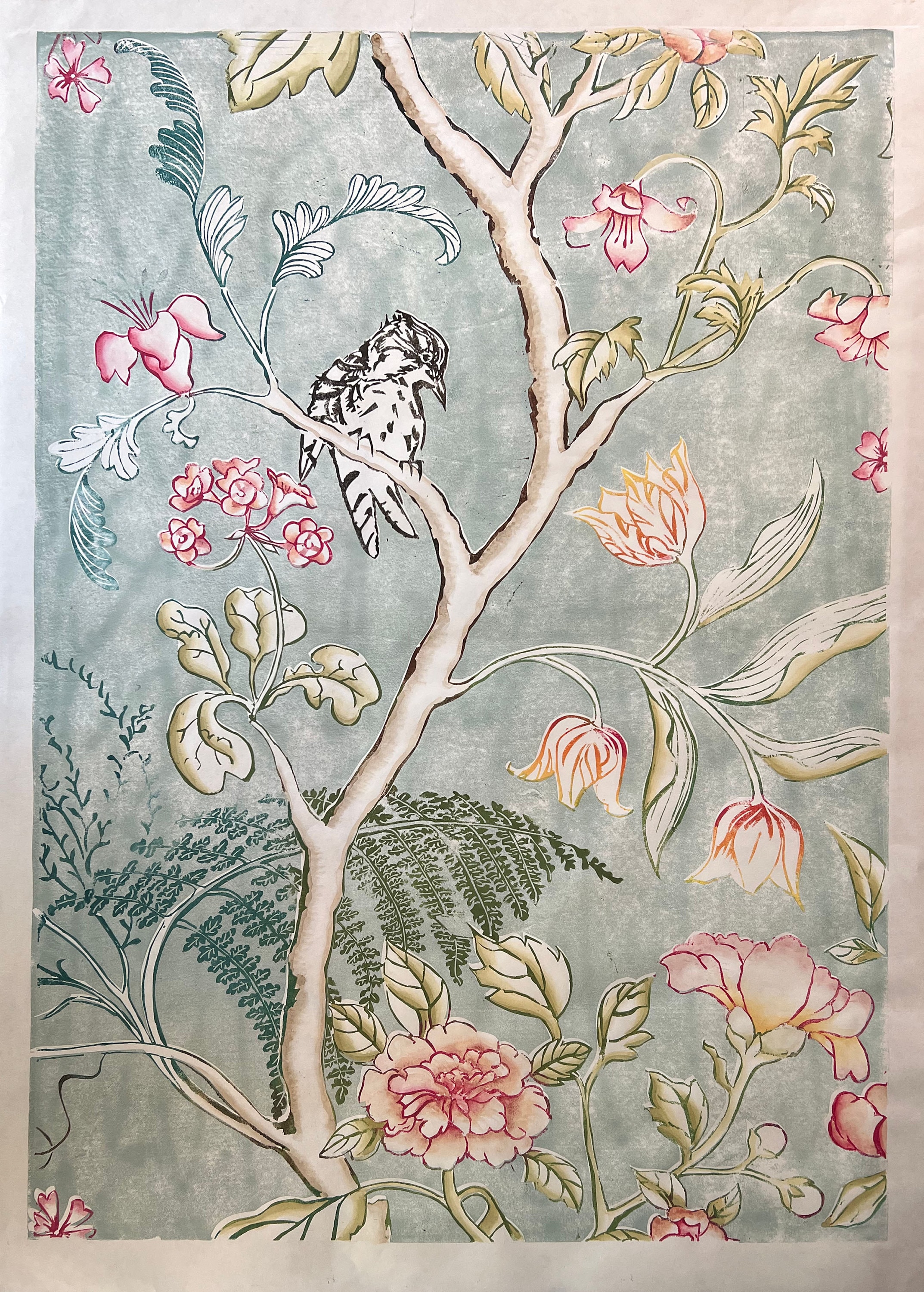 Large Hand Pulled Lino Print, Chinoiserie Bird Peony Lotus and ...