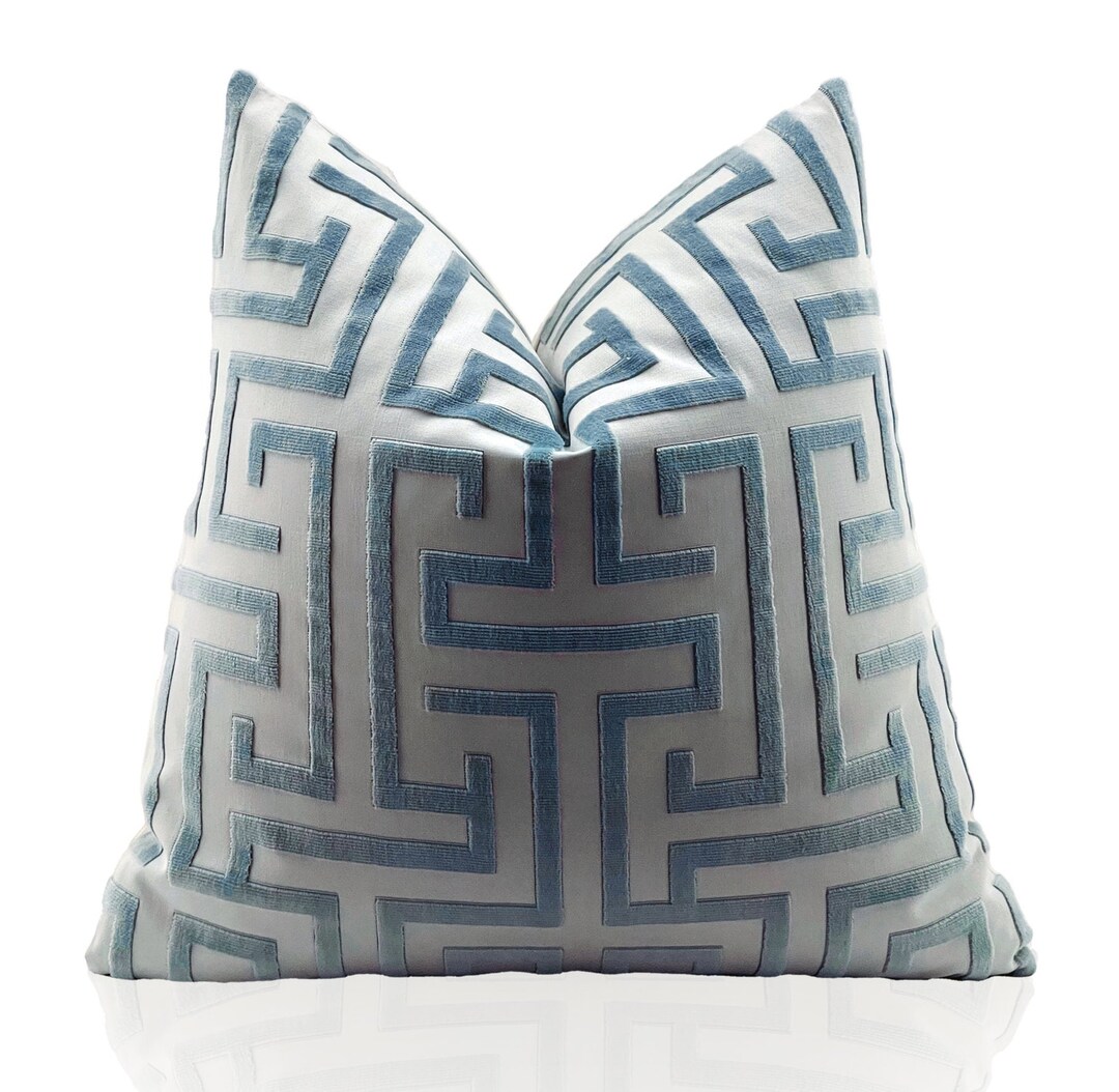 Greek Key Pillow Cover, Velvet Pillow, Ming Trail Light Blue Pillows ...