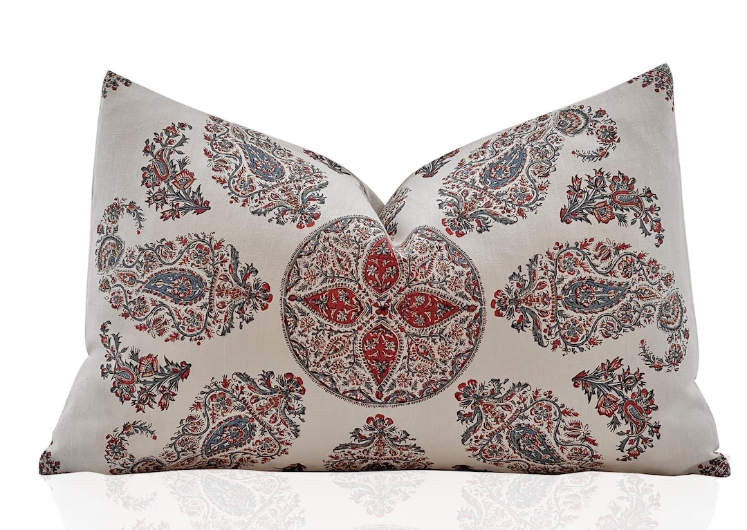 Peter Dunham Samarkand Pillow Cover in Blue | Red, Lumbar Linen Throw ...