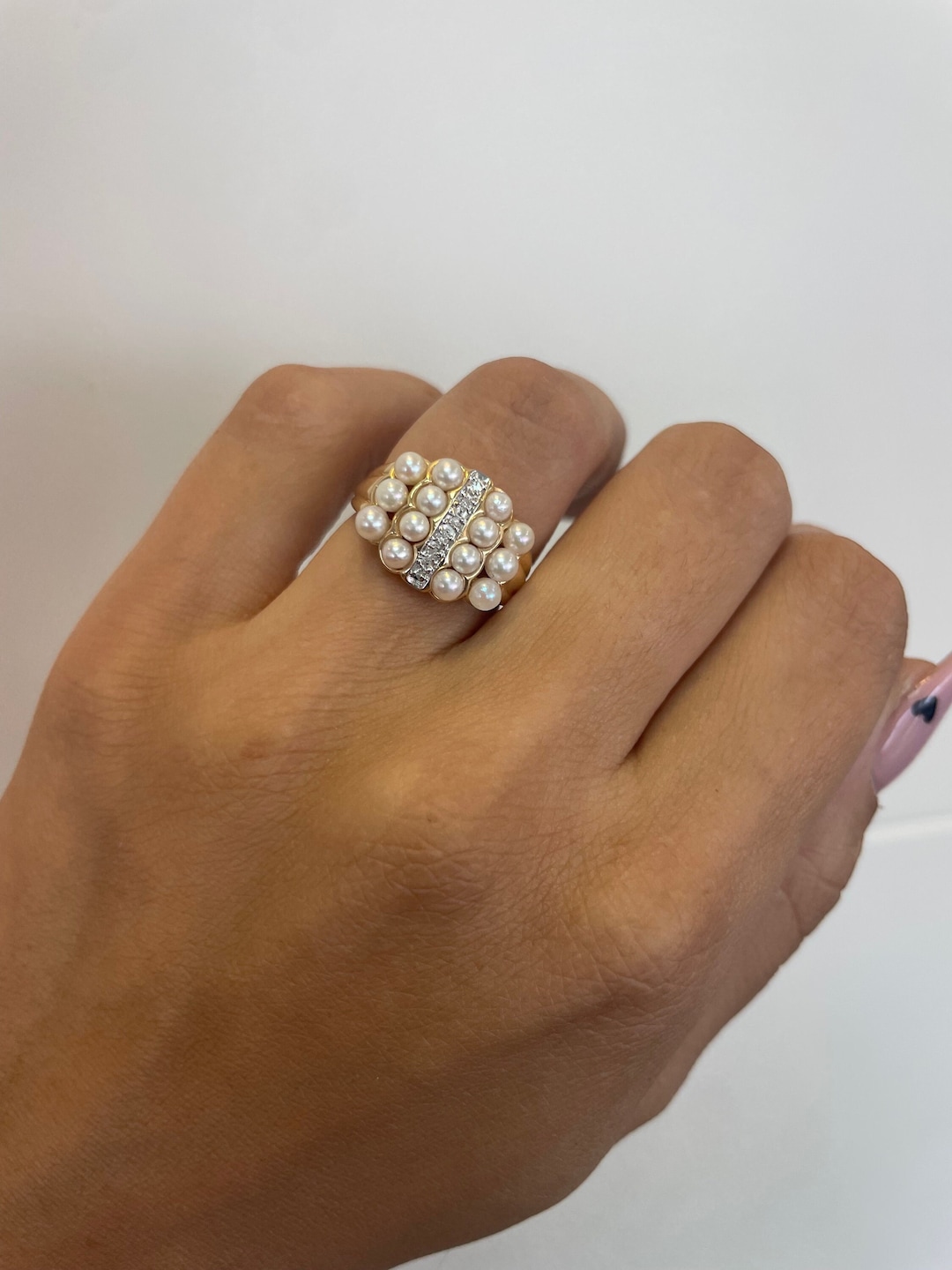 Diamonds and Pearls Ring - 14k Yellow Gold, Estate Jewelry, Vintage ...