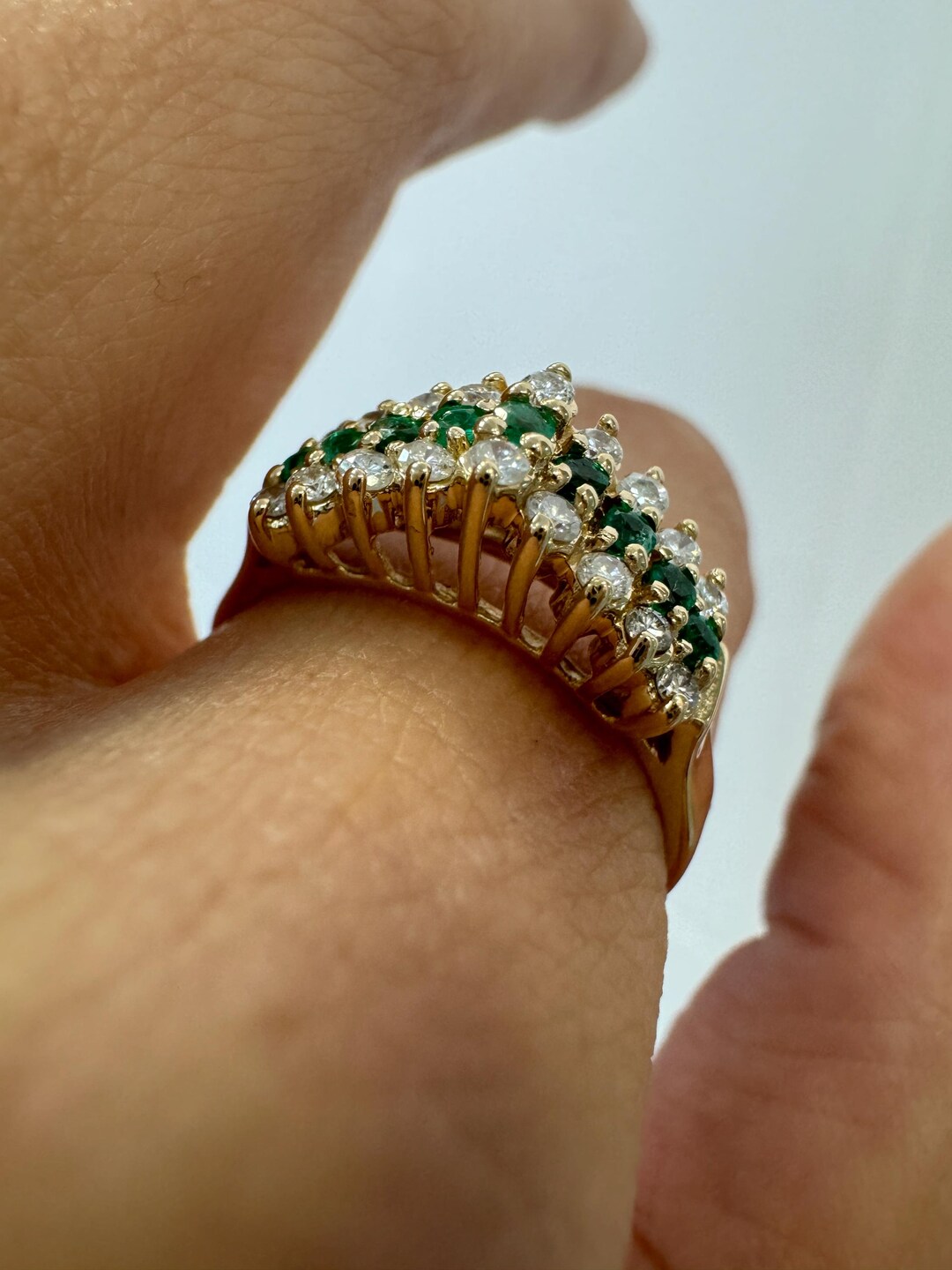 Estate Emerald Pyramid Ring, Natural Green Emerald and Diamonds Ring ...
