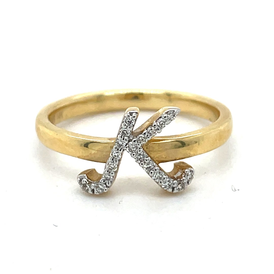 K Letter Ring, Name Ring, Initial Ring, Diamond Ring, 14k Yellow Gold ...