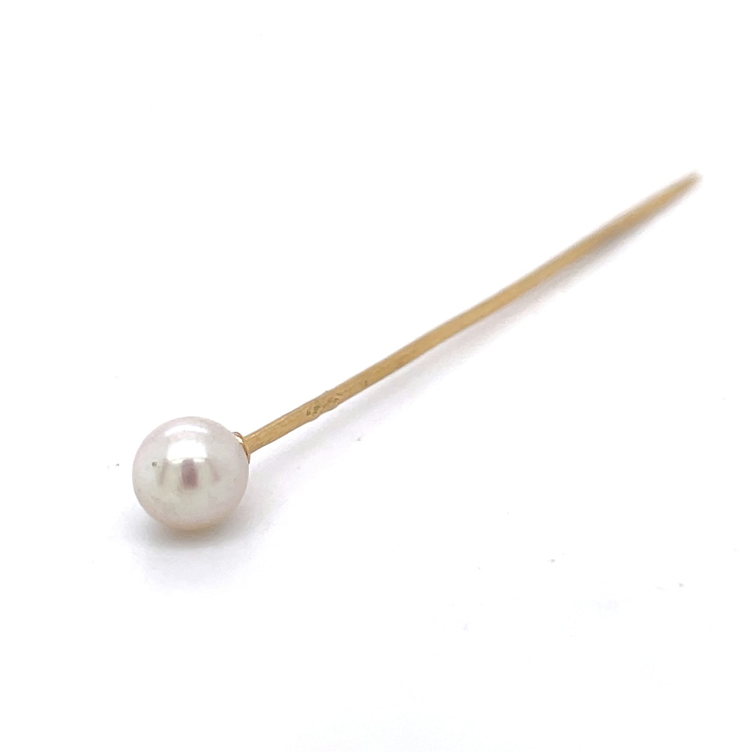 Vintage Pearl Tie Pin, Pearl Stick Pin, Pearl Dash Brooch, 18K Yellow ...