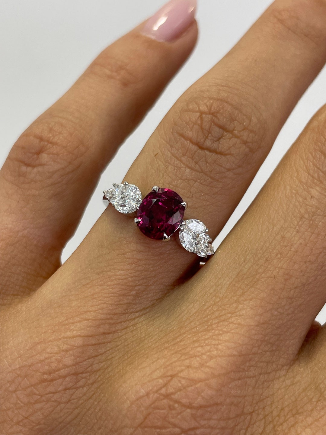 Ruby Engagement Ring - Wing Ruby Ring, 1.78CT Ruby + Marquis Diamonds, 18K White Gold, Ruby ...