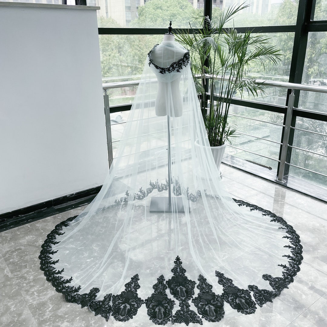 Ivory Hooded Veil With Black Lace Hooded Wedding Veil Floral - Etsy