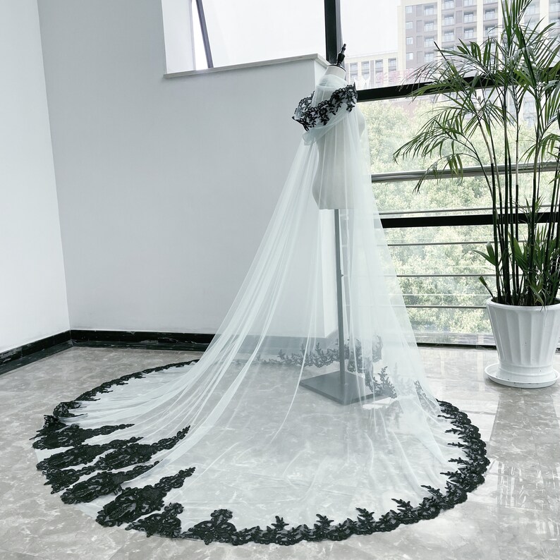 Ivory Hooded Veil With Black Lace Hooded Wedding Veil Floral - Etsy