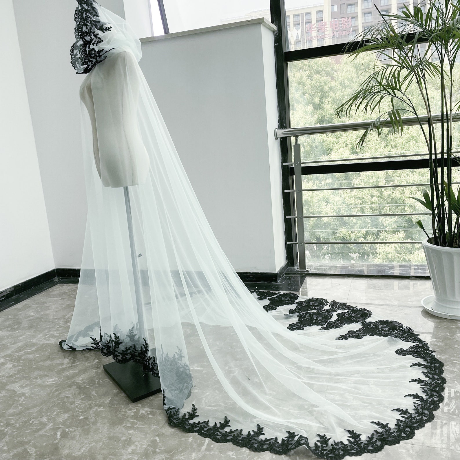 Ivory Hooded Veil With Black Lace Hooded Wedding Veil Floral - Etsy