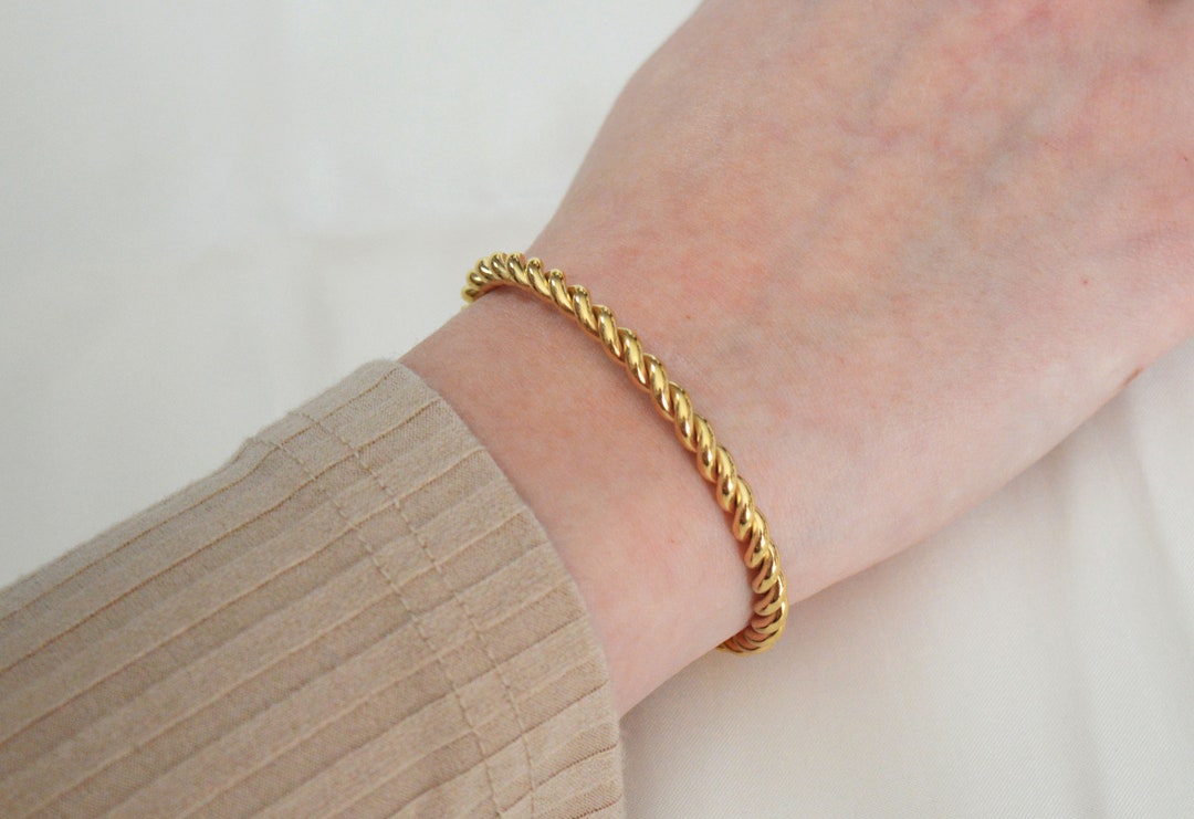 Bracelet JONC twists torsadé semi ouvert ajustable en acier inoxydable doré , cadeau pour elle ...
