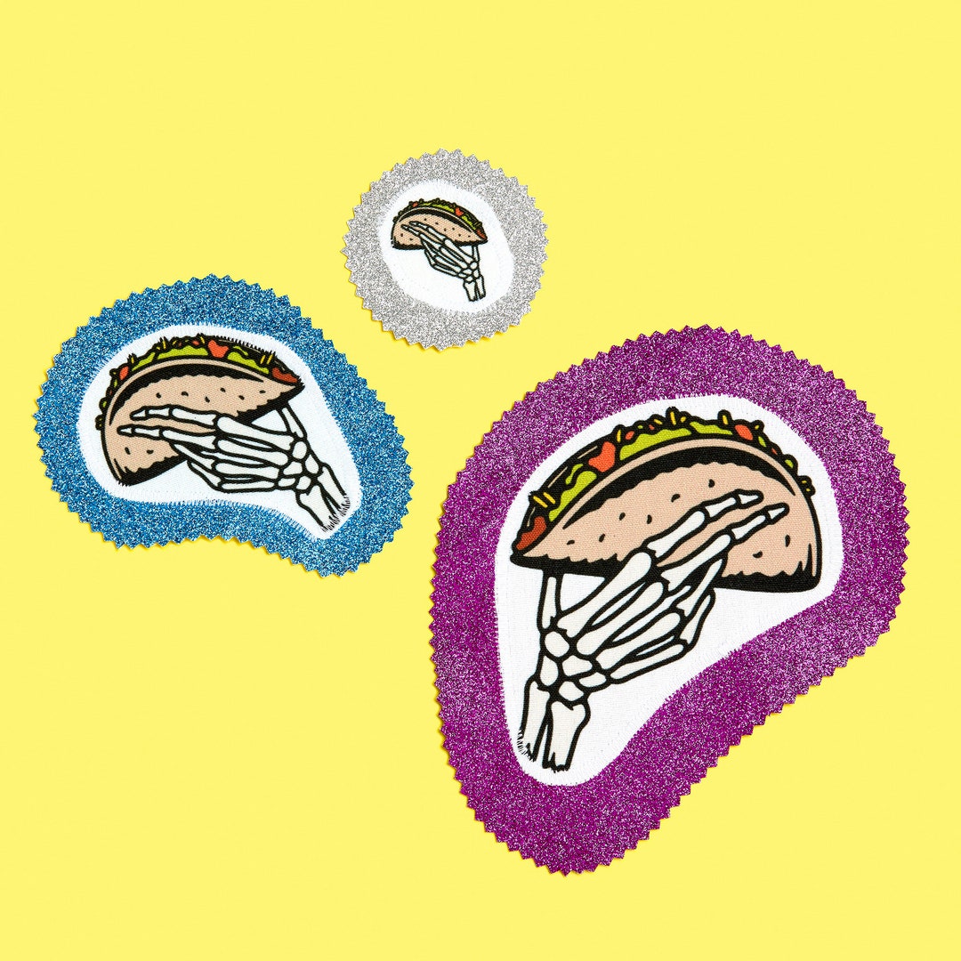 SMALL Skeleton and Taco Hand Mexican Kitsch Patch - Choose Your Glitter ...
