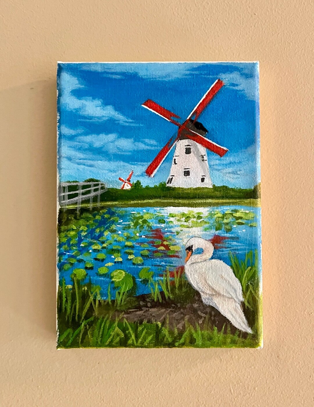 Original Acrylic on Canvas- Swan and Windmill | Canvas Art | Landscape ...