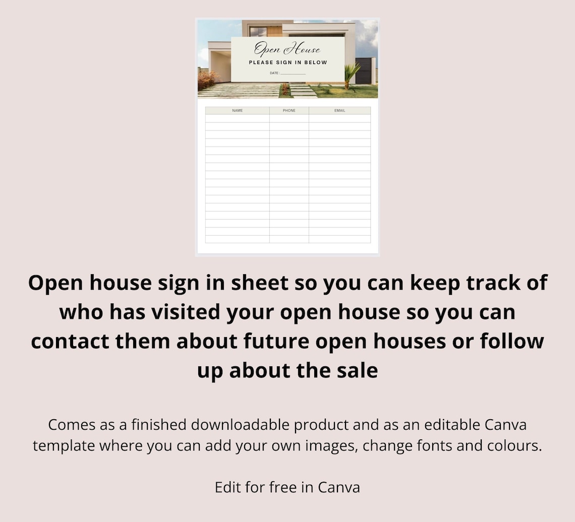 Open House Sign in Sheet Editable in Canva & PDF, Open House Form ...