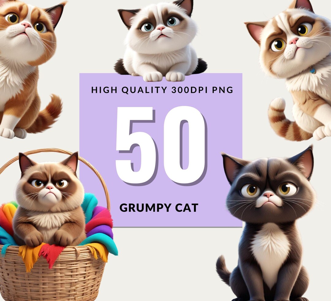 50 Cute Grumpy Cat PNG File, Funny Cat Clipart, Grumpy Cat Sticker ...