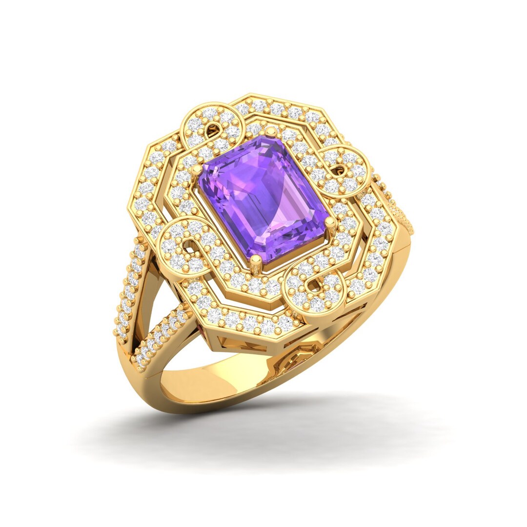 Maurya Octagon Amethyst Split Shank Sewaza Cini Cocktail Ring With ...