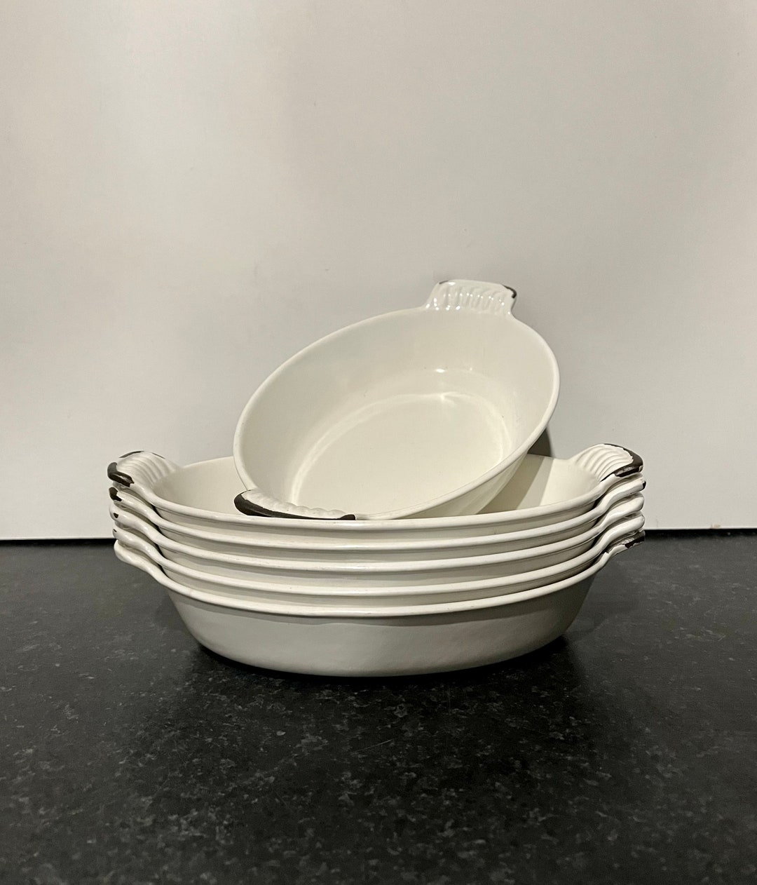 6 Dishes Enamelled Cast Iron Le Creuset Blanc Vintage French ...